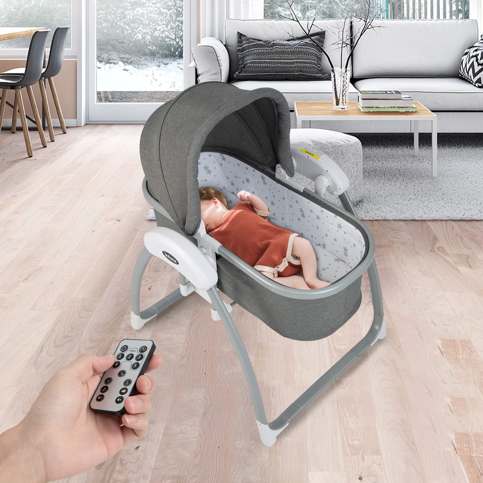 INFANS 2 in 1 Smart Electric Baby Rocking Bassinet, Automatic Bedside Crib for Infants, Sleeper Cradle with Remote Control 5 Speed Natural Sway Timing Function 12 Preset Lullabies for Newborn