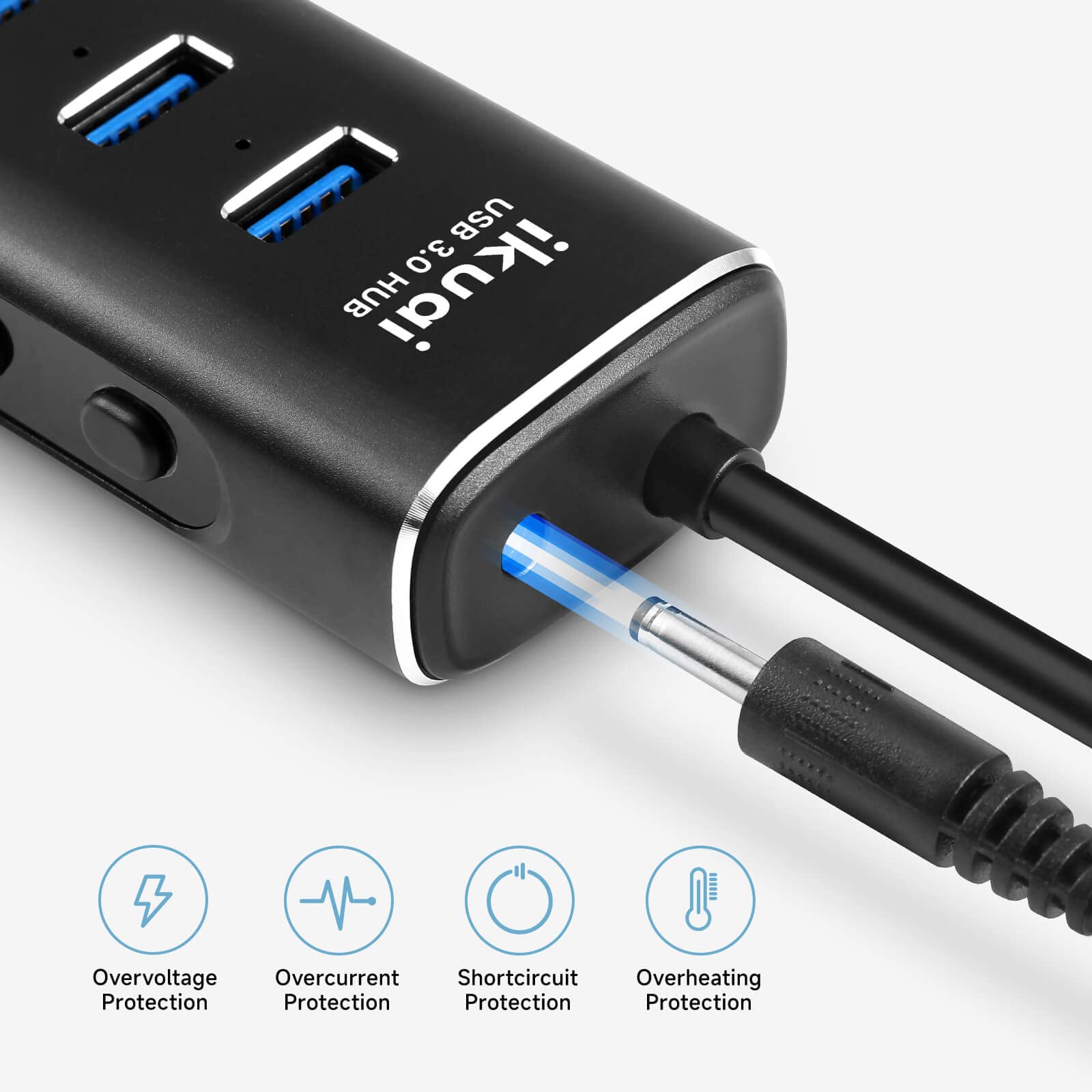 Powered USB Hub, ikuai 4-Port USB 3.1/3.2 Gen 2 Data Port Hub, SuperSpeed USB 10Gbps, Aluminum USB Splitter with 3.3 ft Long Cable, 5V Power Adapter and Individual On/Off Switches