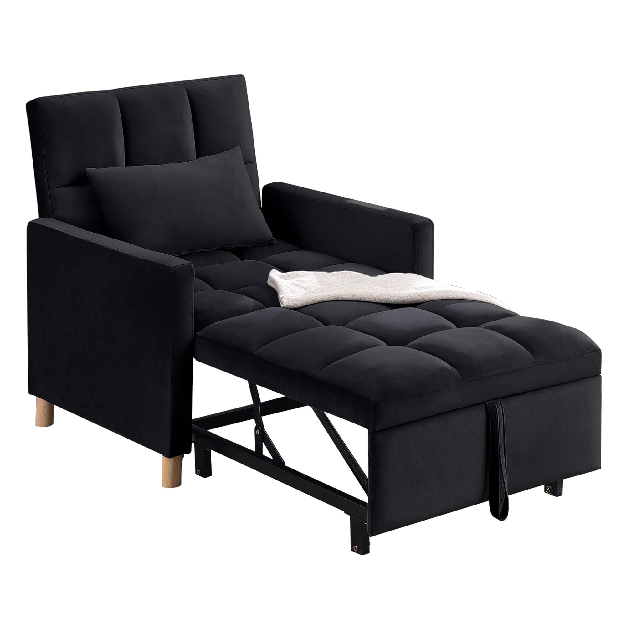 SumKea Sofa Chair Pull-Out Bed with Adjustable Backrest, 3 in 1 Convertible Multi-Function Folding Ottoman Couch with Pillow for Living Room Apartment Small Space, Black