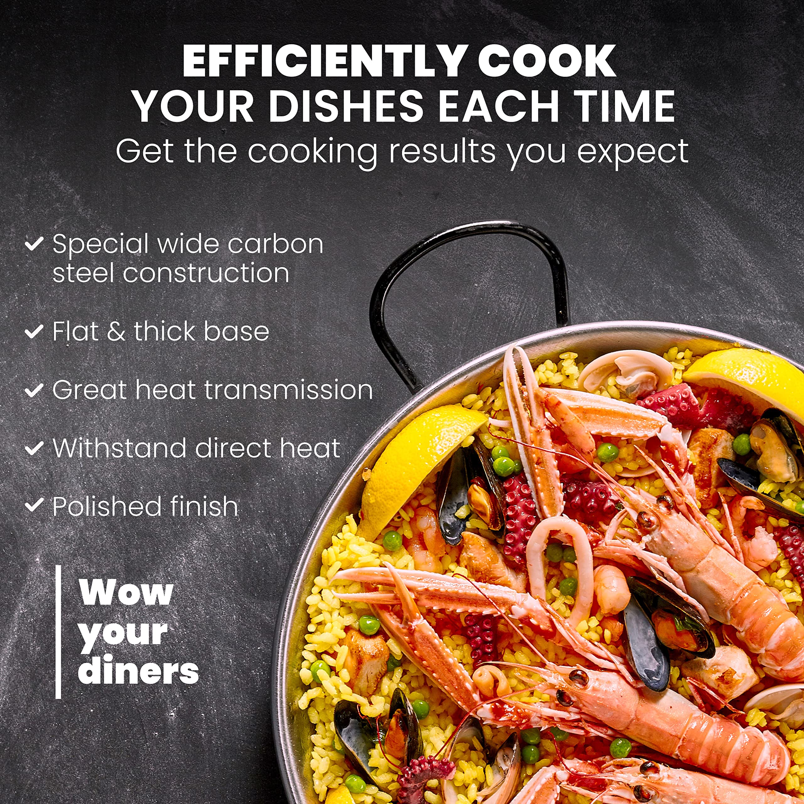 Machika Carbon Steel Pan | Professional Induction Cookware | Premium Polished Skillet for Cooking Mediterranean Food, Steaks & More | Ideal for Restaurants, Catering, Events | 3 Servings | 15 in |