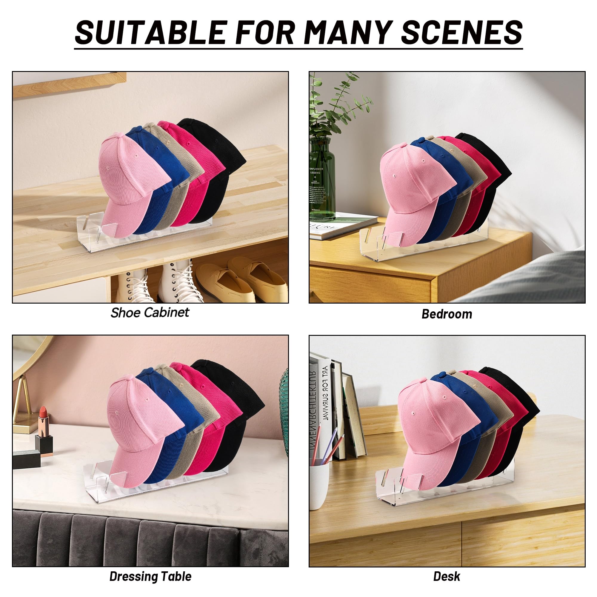 Wangjinpeng Hat Stand for Baseball Caps, 2 Pcs Acrylic Hat Organizer for 14 Baseball Caps, Hat storage for Baseball Caps Organizer and Display for Bedroom, Closet, Dresser, Office and Wall (Clear*2)