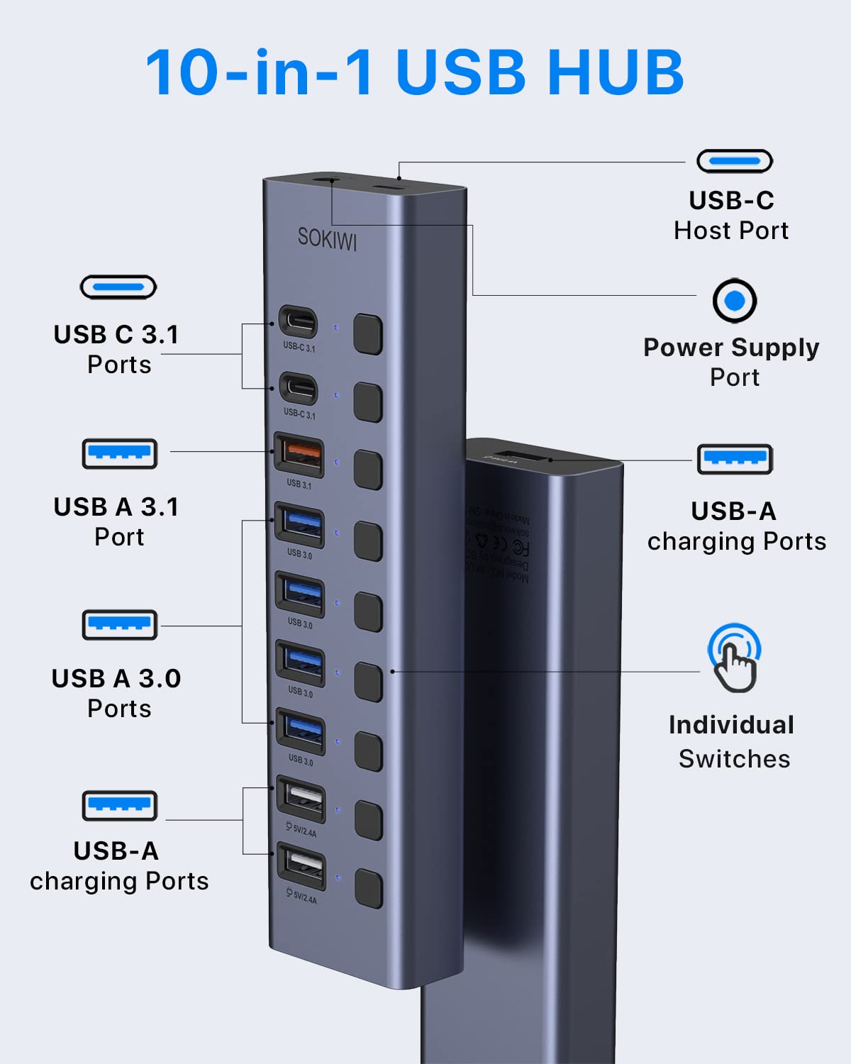 Powered USB Hub 3.0/3.1- Sokiwi USB Hub- Aluminum USB Port Hub Expender- USB C Hub Splitter with Individual On/Off Switches for Laptop/PC