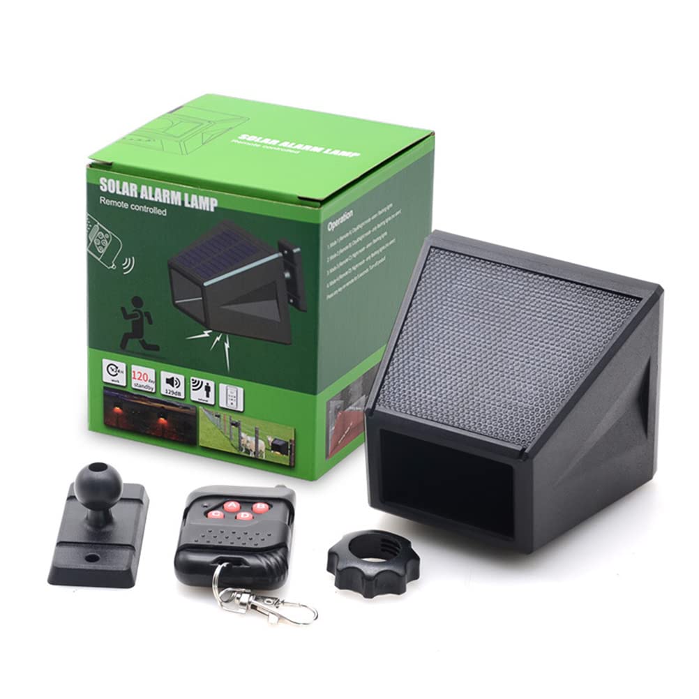 Solar Alarm Light with Motion Sensor Outdoor Solar Strobe Light Remote Control Sound Alarm for Backyard Patch Farm Garage