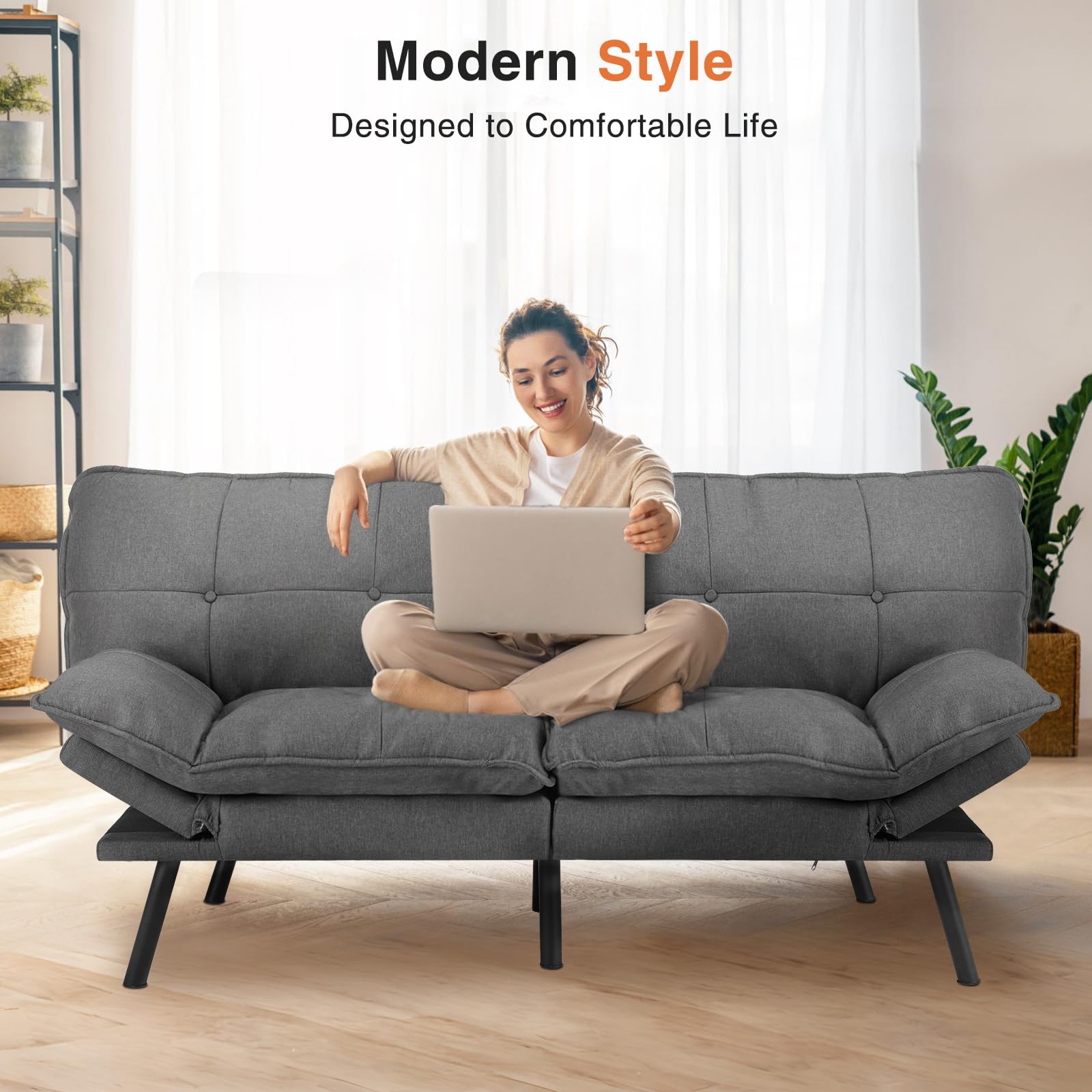 Sweetcrispy Sofa Couch, Futon Sofa Bed, Loveseat Sleeper Futon for Living Room, Foldable Memory Foam Furniture, Convertible Full Size Sofa, Adjustable Backrest and Armrests, Linen, Dark Grey