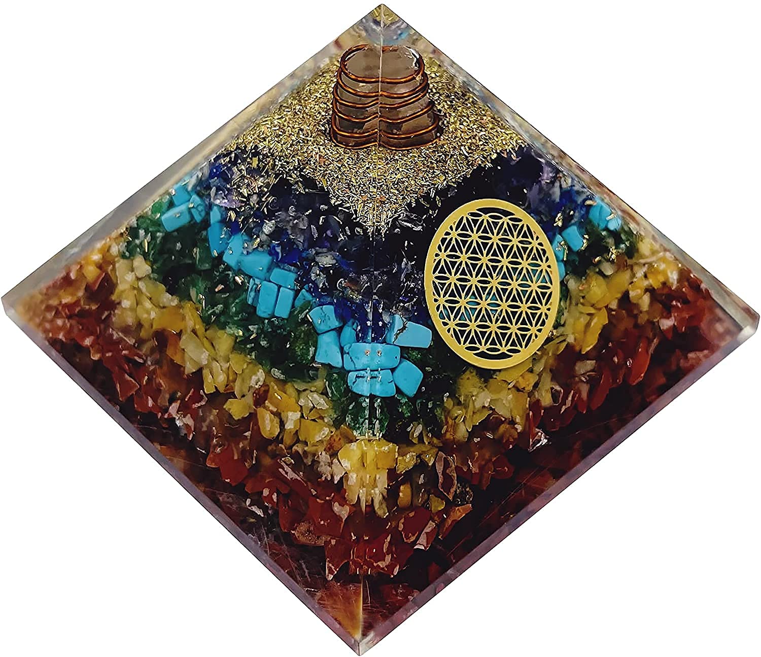 Orgone Pyramid Layer Seven Chakra for Chakra Balance - Reiki Healing Positive Energy Generator Pyramid - Yoga Meditation Energy Pyramid - E- Energy Protection Crystal Pyramid for Home Office Decor