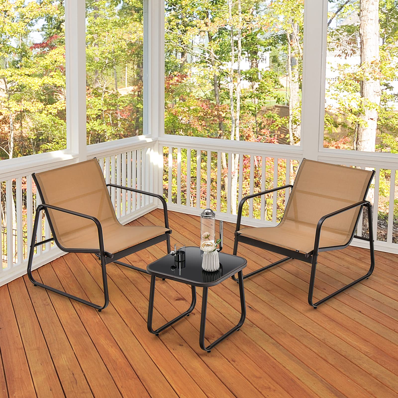 Tangkula 3 Pieces Patio Conversation Set, Outdoor Metal Chair & Table Set, Breathable Fabric & Tempered Glass Tabletop, Metal Frame Furniture Set for Backyard, Poolside