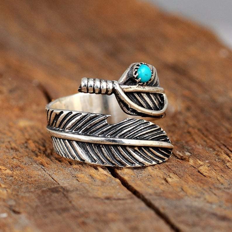 PAYOJA Boho Feather Turquoise Adjustable Ring, Statement Vintage Feather Leaf Open Rings for Women Men