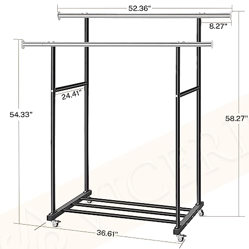 VICERII Double Clothing Rack, Heavy Duty Clothes Rack with Wheels and Extra Wide Bottom Shelf, 52.36ββ Garment Racks for Hanging Clothes, Coats, Shirts, Skirts, Dresses, 130LB Capacity, Black