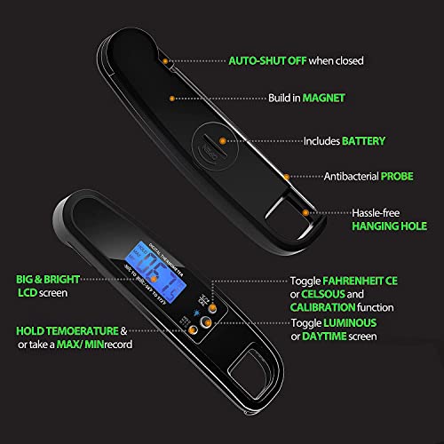LIKEPAI Instant Read Meat Thermometer for Kitchen Cooking, Ultra Fast Precise Waterproof Digital Food Thermometer with Backlight, Magnet and Foldable Probe for Deep Fry, Outdoor BBQ, Grill(Black)