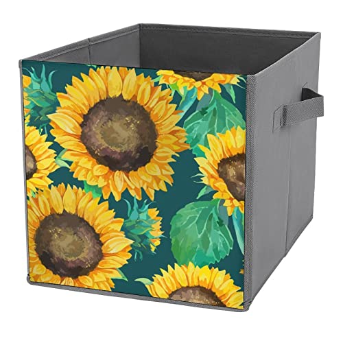 Watercolor Sunflowers Leaves Collapsible Storage Bins Cubes Organizer Trendy Fabric Storage Boxes Inserts Cube Drawers 11 Inch