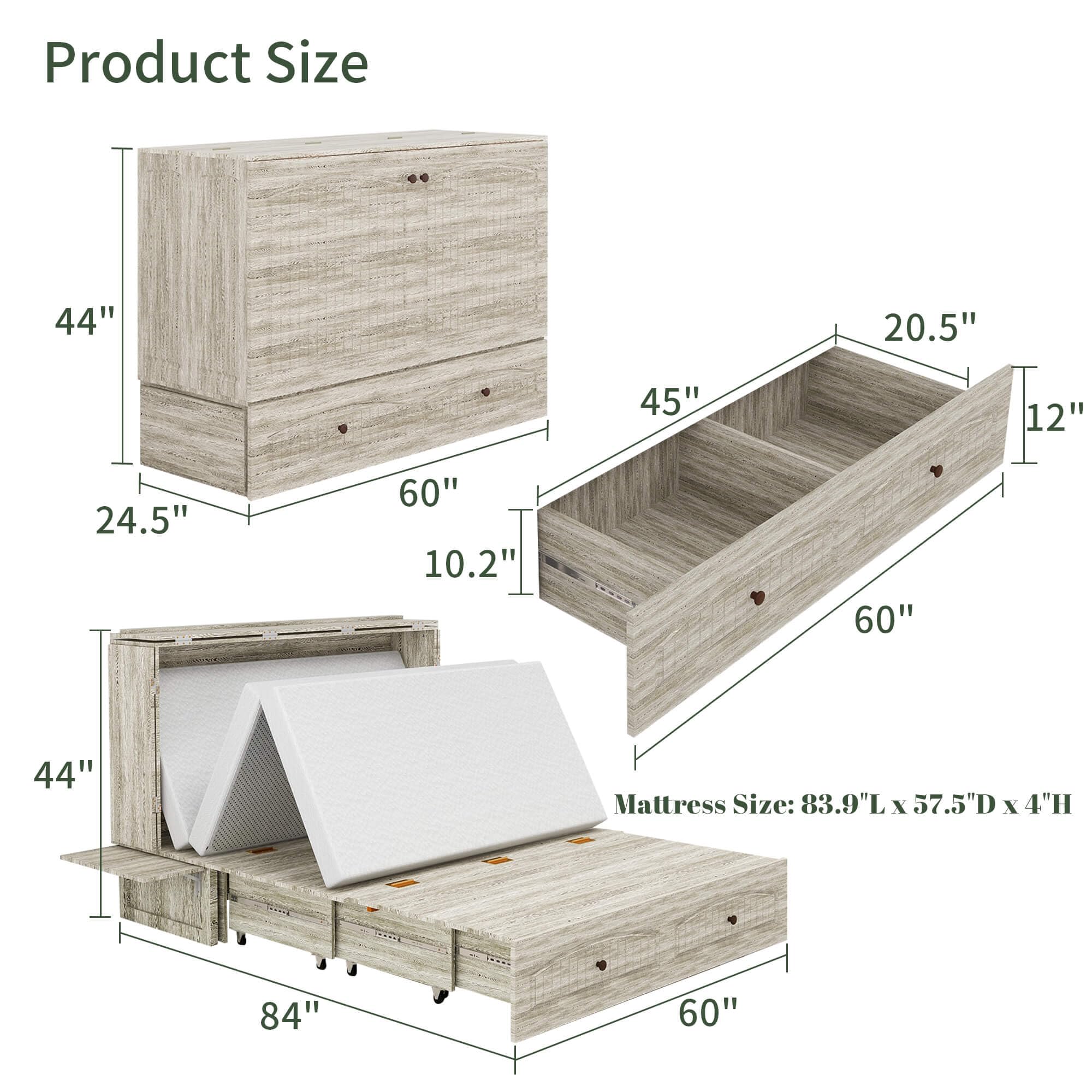UrbEleg Murphy Bed Cabinet, Queen Murphy Bed with Drawer Includes Folding Mattress, Murphy Bed Cabinet with USB and Charging Port, Murphy Bed Queen Suit for Bedroom, Reddish-Brown Cabinet Bed, Bed