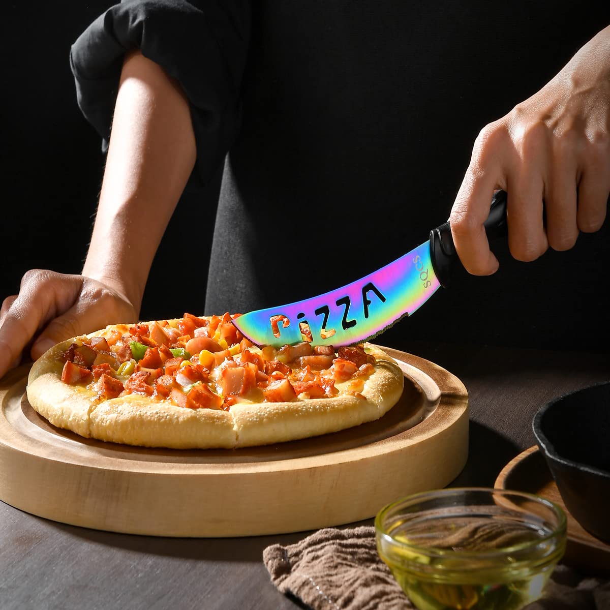 Rainbow Titanium Knife Set 17 PCS Kitchen Knives Set Sharp Cutlery Knife Sets Contain 6 Steak Knives Sharpener Clear Acrylic Stand Nonstick Chef Knife Block Set (Black Handle Rainbow Blade)