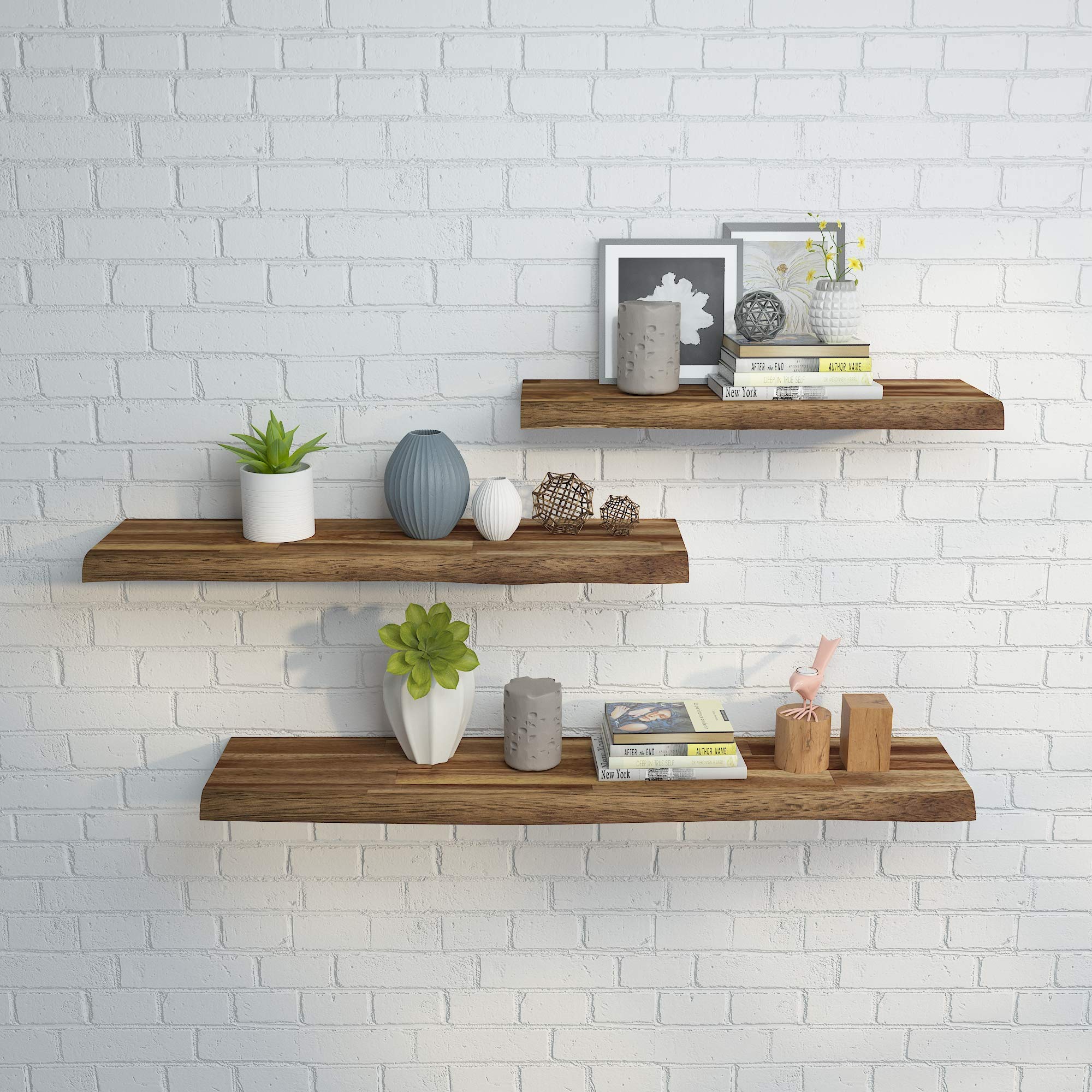 INTERBUILD REAL WOOD Wall Mounted Floating Shelf, Solid Acacia Wood with Exposed Natural Edge 47" x 10", Holds up to 22lbs. - Golden Teak
