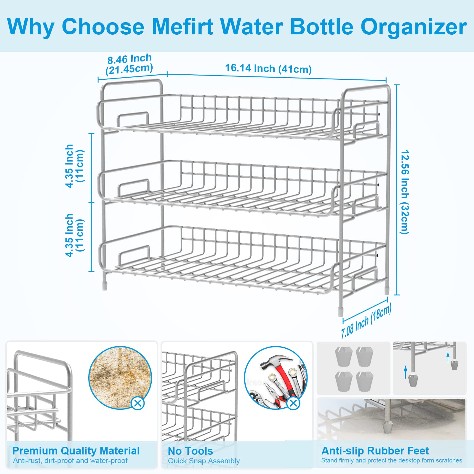 Mefirt Water Bottle Organizer, 3-Tier Water Bottle Organizer for Cabinet, Stackable Water Bottle Storage Rack, Soda, Can, Water Bottle Holder for Cabinet, Kitchen Countertops, Pantry, Fridge (2 PK)