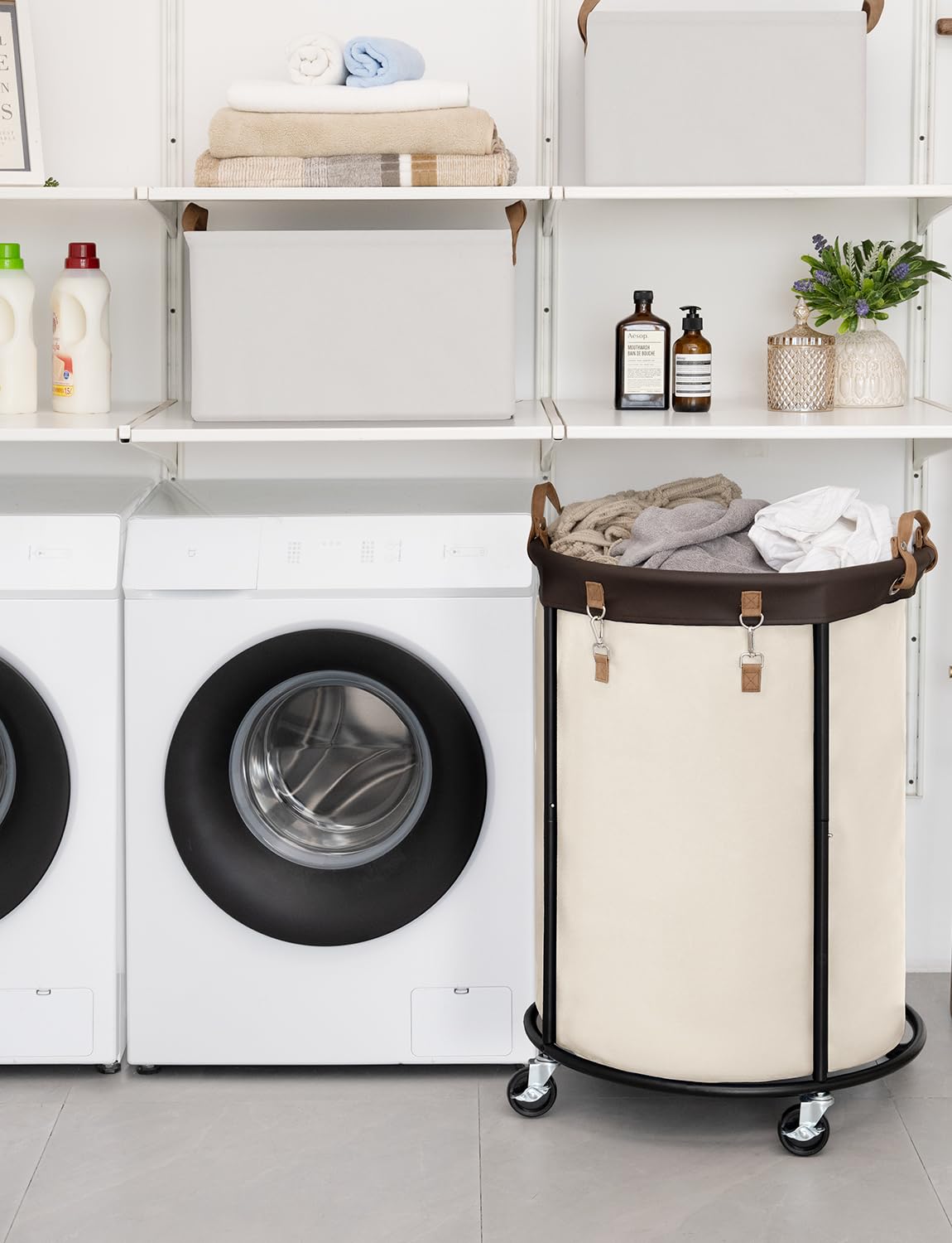 StorageWorks Laundry Basket with Wheels, 210L Extra Large Rolling Laundry Hamper, Round Laundry Cart with Steel Frame and Removable Bag, 4 Casters and 2 Brakes, Beige, 1-Pack