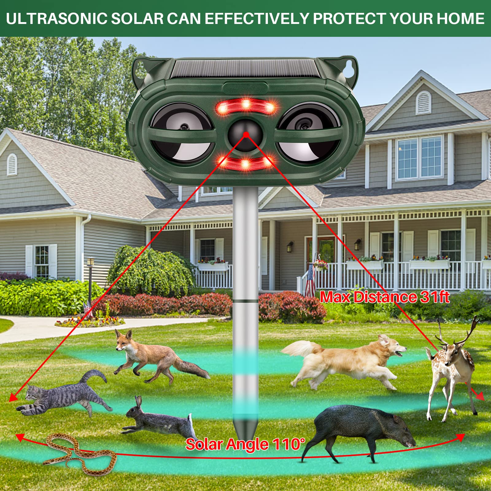 Solar Animal Repeller Outdoor,2024 Upgrade Cat Repeller Outdoor,Ultrasonic Squirrels Repellent Waterproof Dog Repeller,Deer Repellent Devices with Motion Sensor and Flashing Lights for Yard Garden