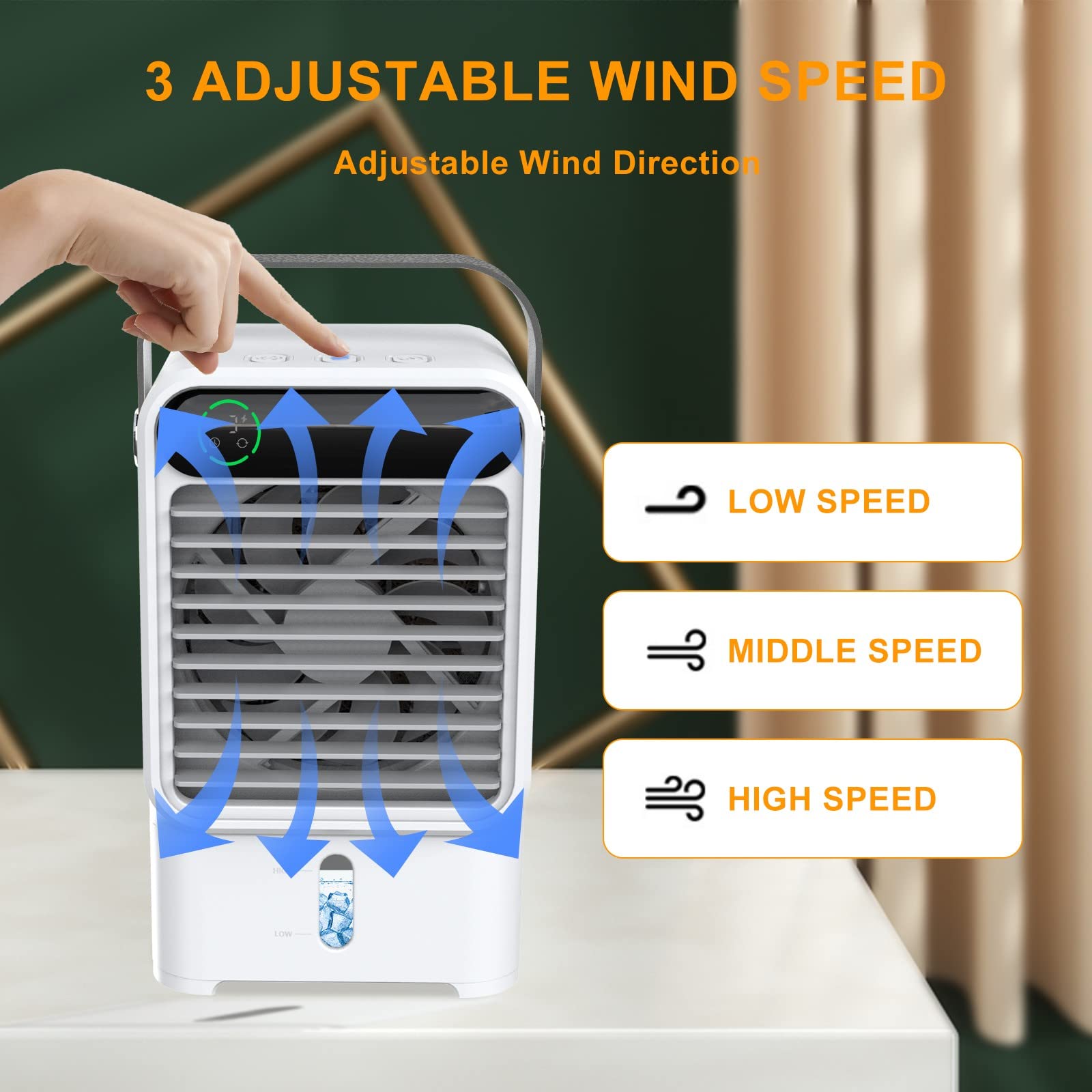 Portable Air Conditioner, 4 in 1 Evaporative Personal Air Cooler with 3 Wind Speeds, Quiet Mini Air Conditioner with Handle/LED Light/Humidifier/Timing Function for Home, Office and Room