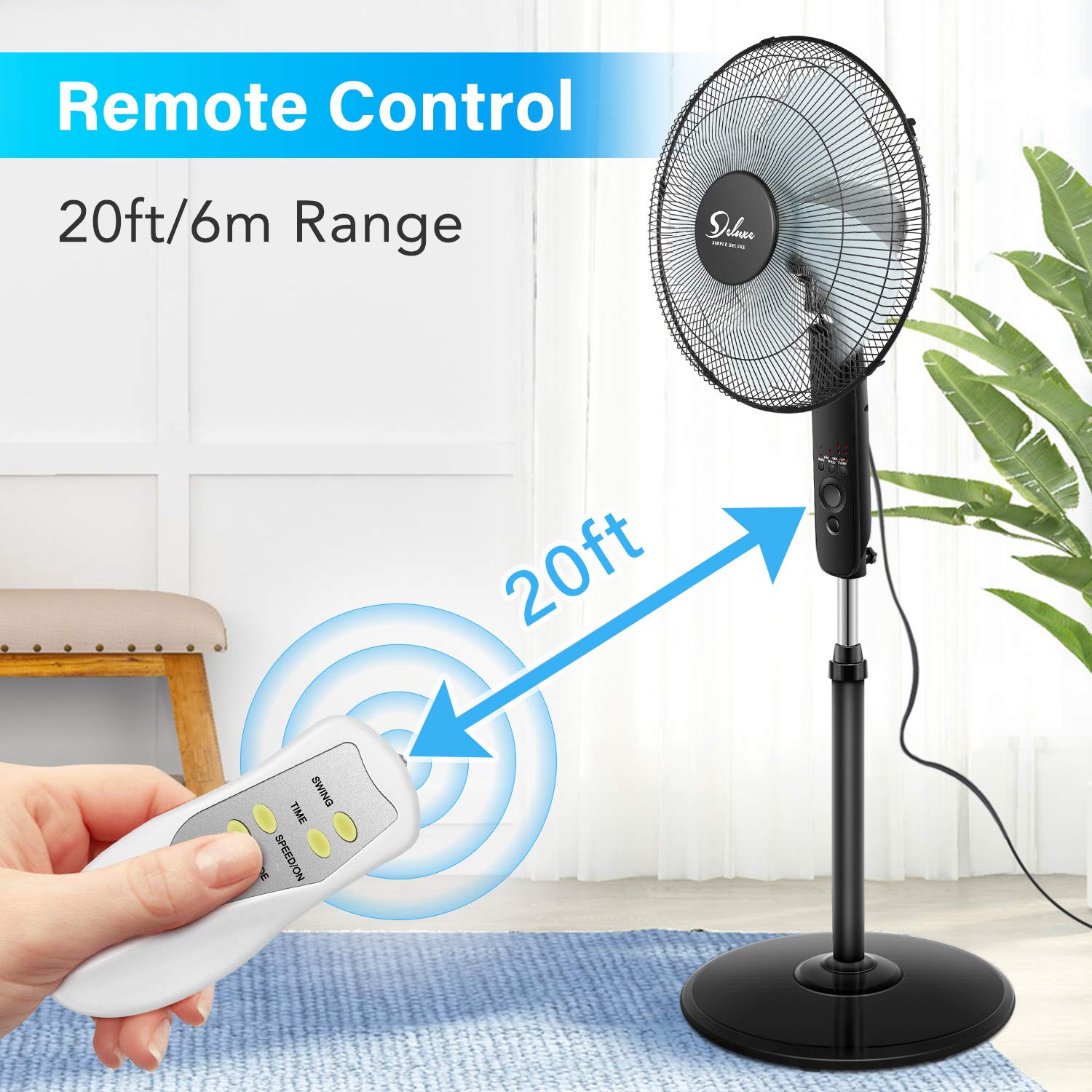 InfiniPower Oscillating 16″ Adjustable 3 Speed Pedestal Stand Fan with Remote Control for Indoor, Bedroom, Living Room, Home Office & College Dorm Use
