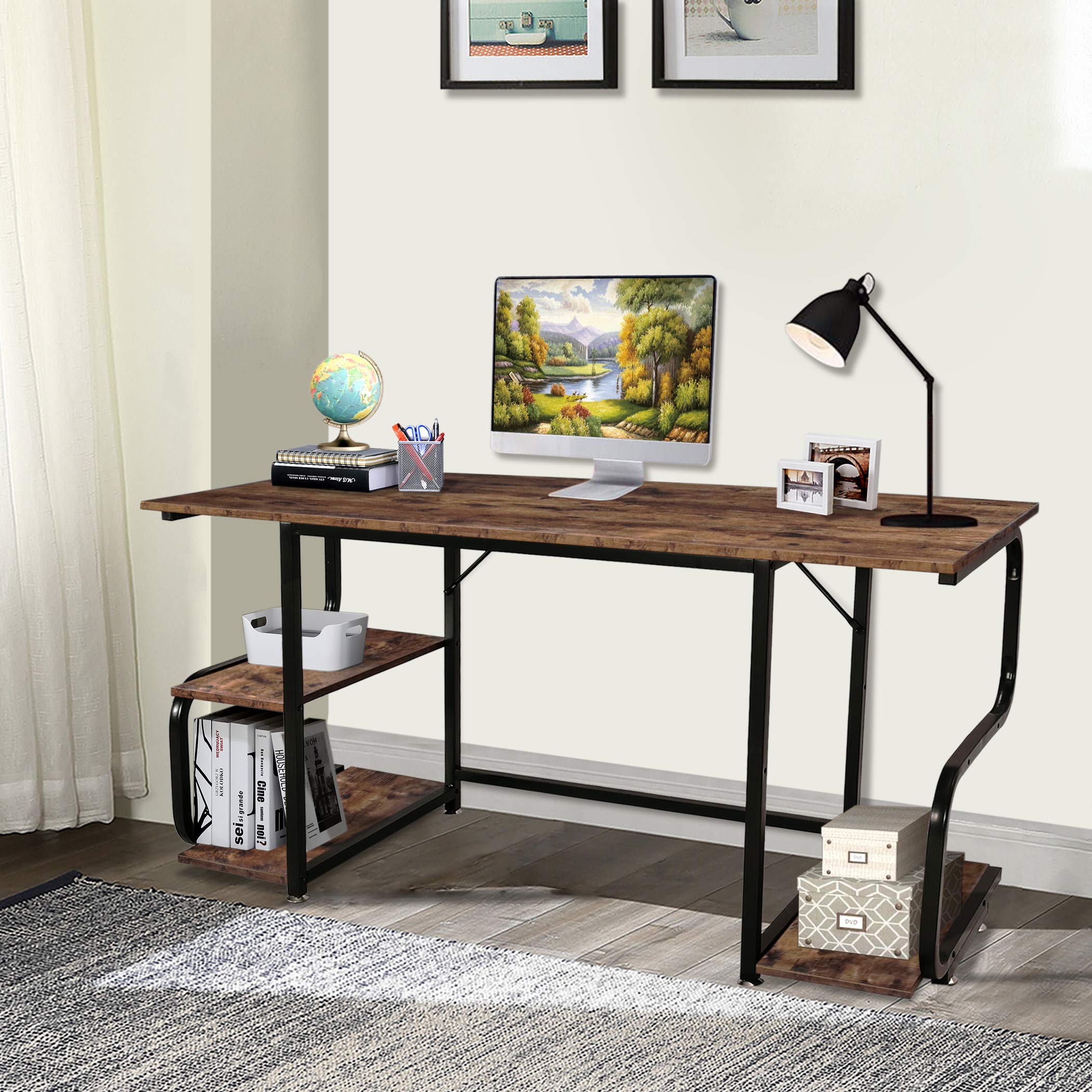 Lavievert 55 inch Computer Desk with Storage Shelves, Study Writing Table, PC Laptop Desk Workstation for Home & Office - Rustic Brown