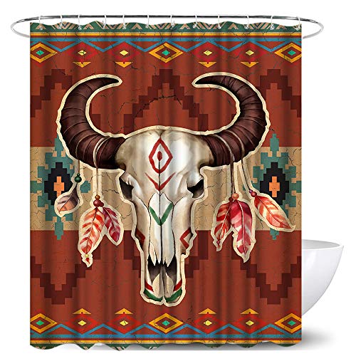 LoveHouse Boho Pattern Shower Curtain Watercolor Cow Skull with Feather Bohemian Western Ethnic Bull Bathroom Shower Curtains Set with Hooks 72"x72" Machine Washable
