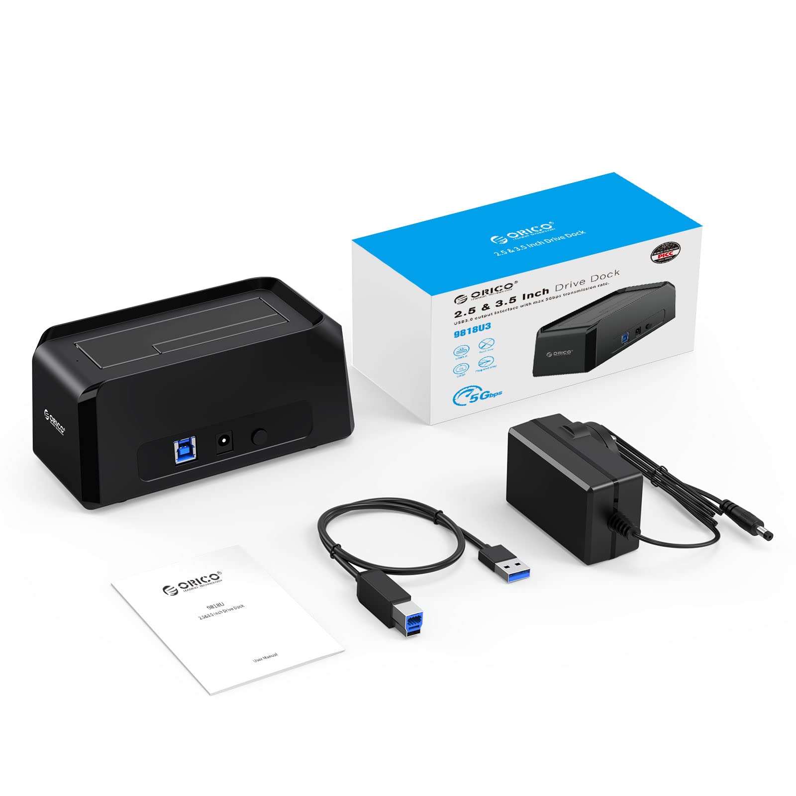 ORICO External Hard Drive Docking Station USB3.0 to SATA for 2.5/3.5" SSD HDD Up to 18TB Support UASP(9818U3)