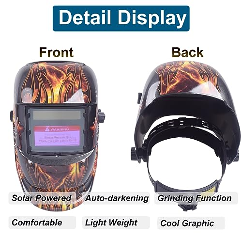 Solar Power Auto Darkening Welding Helmet with Wide Shade Range 4/5-9/9-13 with Grinding Feature & 2 Extra Lens Covers for ARC MAG MIG MMA Stick TIG Plasma Cutting (Model-44)