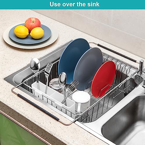 iPEGTOP Expandable Multifunctional Dish Drying Rack, Over The Sink, in Sink Or On Counter Dish Drainer Rack Organizer Shelf with White Utensil Silverware Holder, Rustproof Stainless Steel