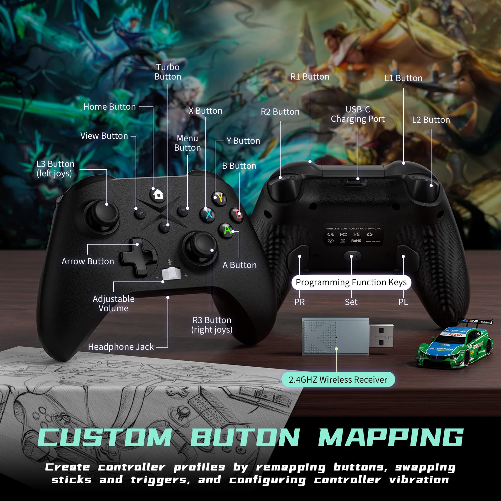PC Controller 2.4G Wireless Gaming Controller for PC Windows Steam, PC Gamepad with Rechargeable Battery, Upgraded Joystick, TURBO Function (Connecting to Xbox Consoles is Not Supported at this Time)