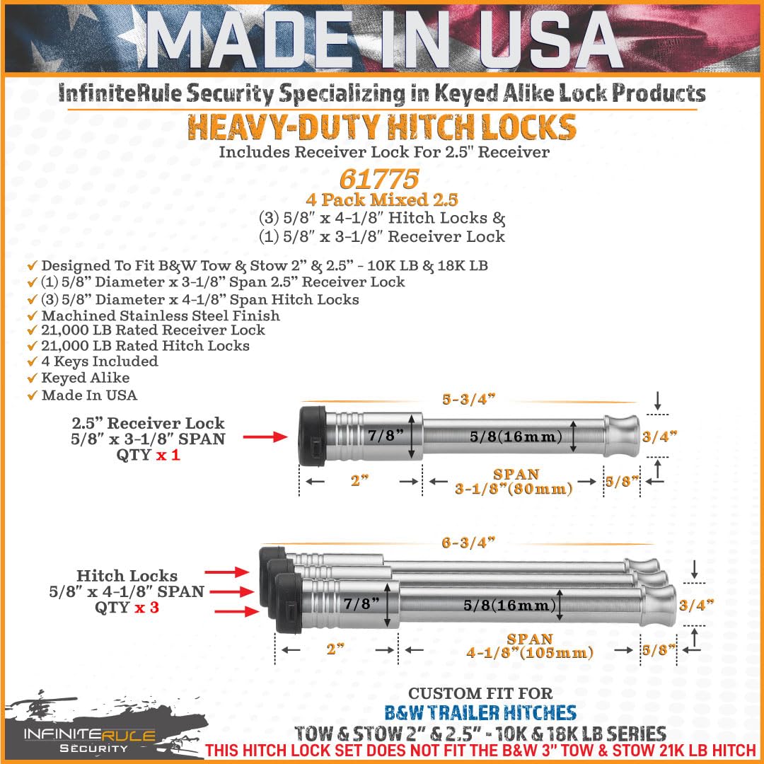 InfiniteRule Security 61775 | 4 Pack Mixed 2.5, Keyed Alike, Hitch Locks for B&W 2.0" & 2.5" Tow & Stow 10K LB & 18K LB - Includes Lock for 2.5" Receiver