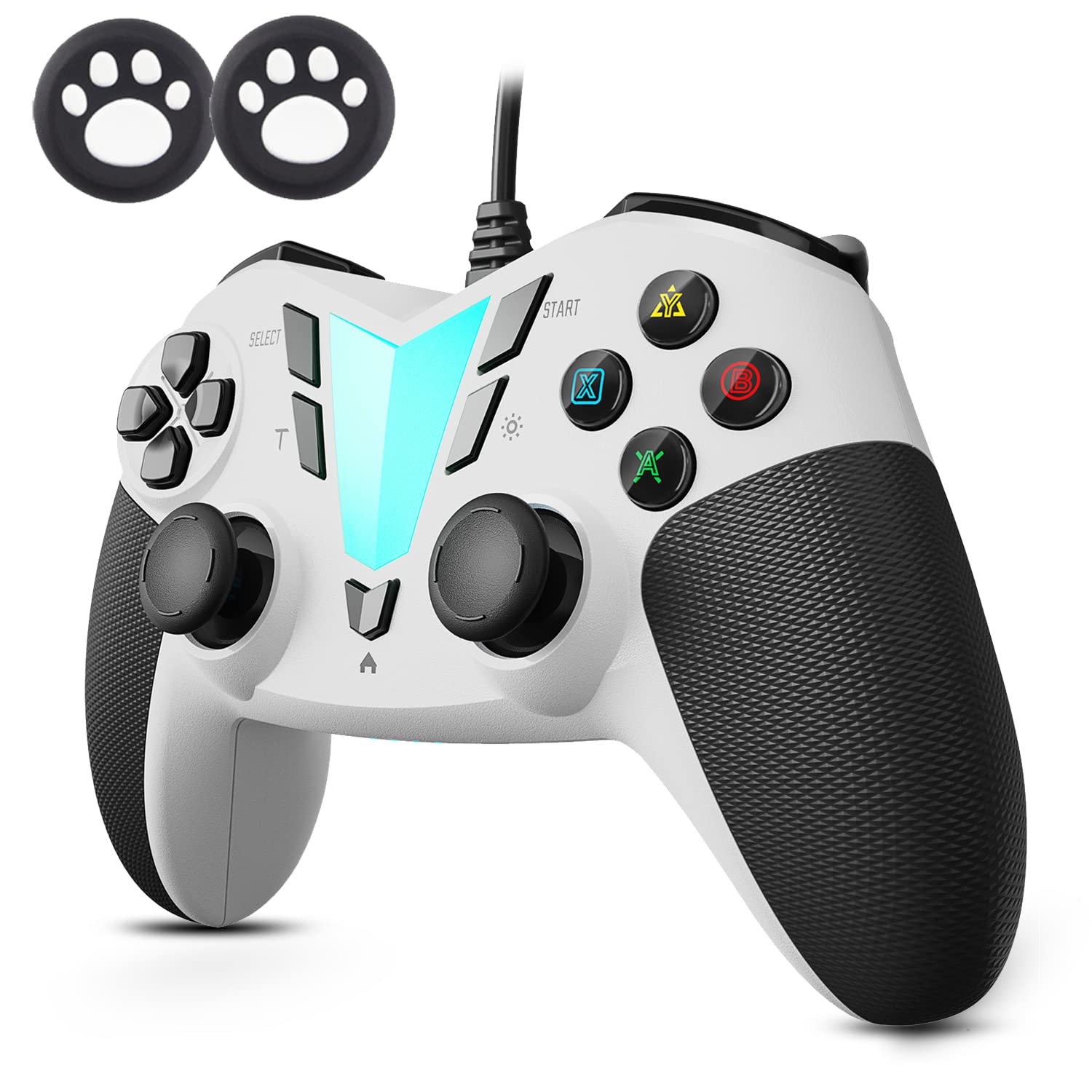 PC Steam Game Controller, IFYOO ONE Pro Wired USB Gaming Gamepad Joystick Compatible with Computer/Laptop(Windows 11/10/8/7/XP), Android(Phone/Tablet/TV/Box), PS3 - White&Black, 2x White Joystick Caps