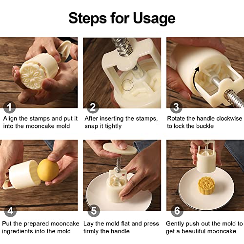 Moon Cake Mold Set 125g, Mid-Autumn Festival Hand-Pressure, Cookie Stamps for baking Mooncake Press for 4 Sets…