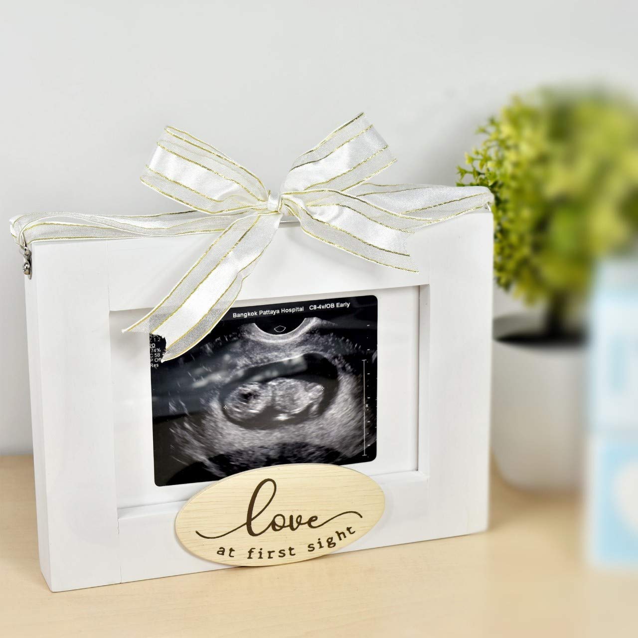 I’m Solid Wood Sonogram Pregnancy Baby Ultrasound 2 Sided Photo Frame, Great for Expecting New Parents Keepsake & Nursery Décor “Love at First Sight/Dream Big Sweet Baby" (White)