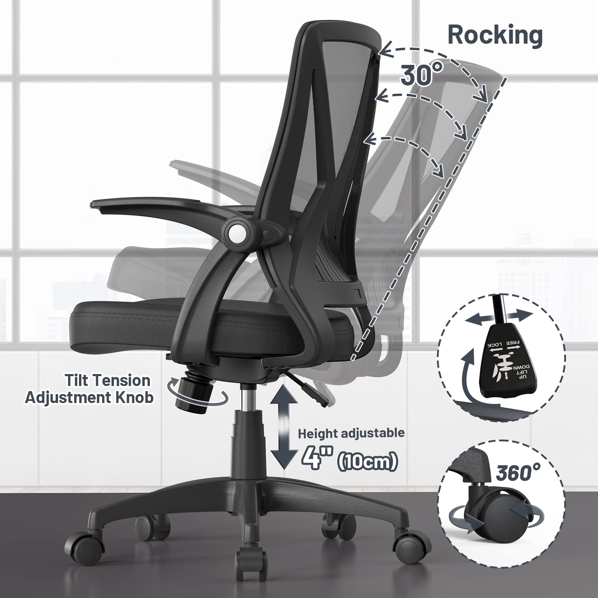 Swivel Ergonomic Mesh Home Office Computer Desk Chair Height Adjustable with Flip Up Arms and Lumbar Support