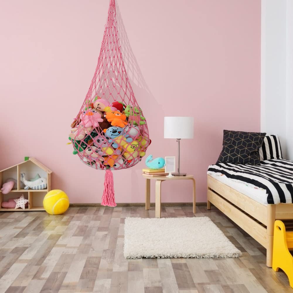 Stuffed Animal Storage Net Hammock, Display Large Plush Toy! Single Hook Ceiling Wall Hanging Stuffed Animal Holder with Swag Hook, Corner Toy Storage Organizer for Kids Bedroom Playroom (Pink)
