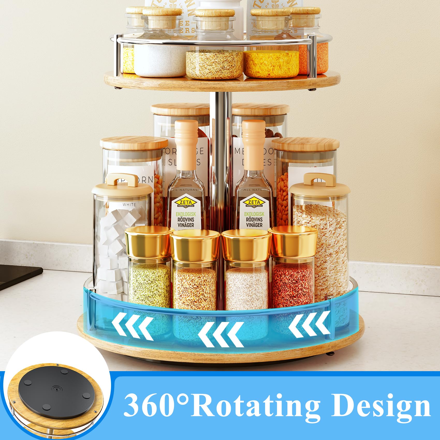 Lazy Susan Organizer - 2 Tier Rotating Spice Rack for Cabinet, Wood Lazy Susan Turntable for Pantry Kitchen Countertop, 12-inch Kitchen Spice Storage