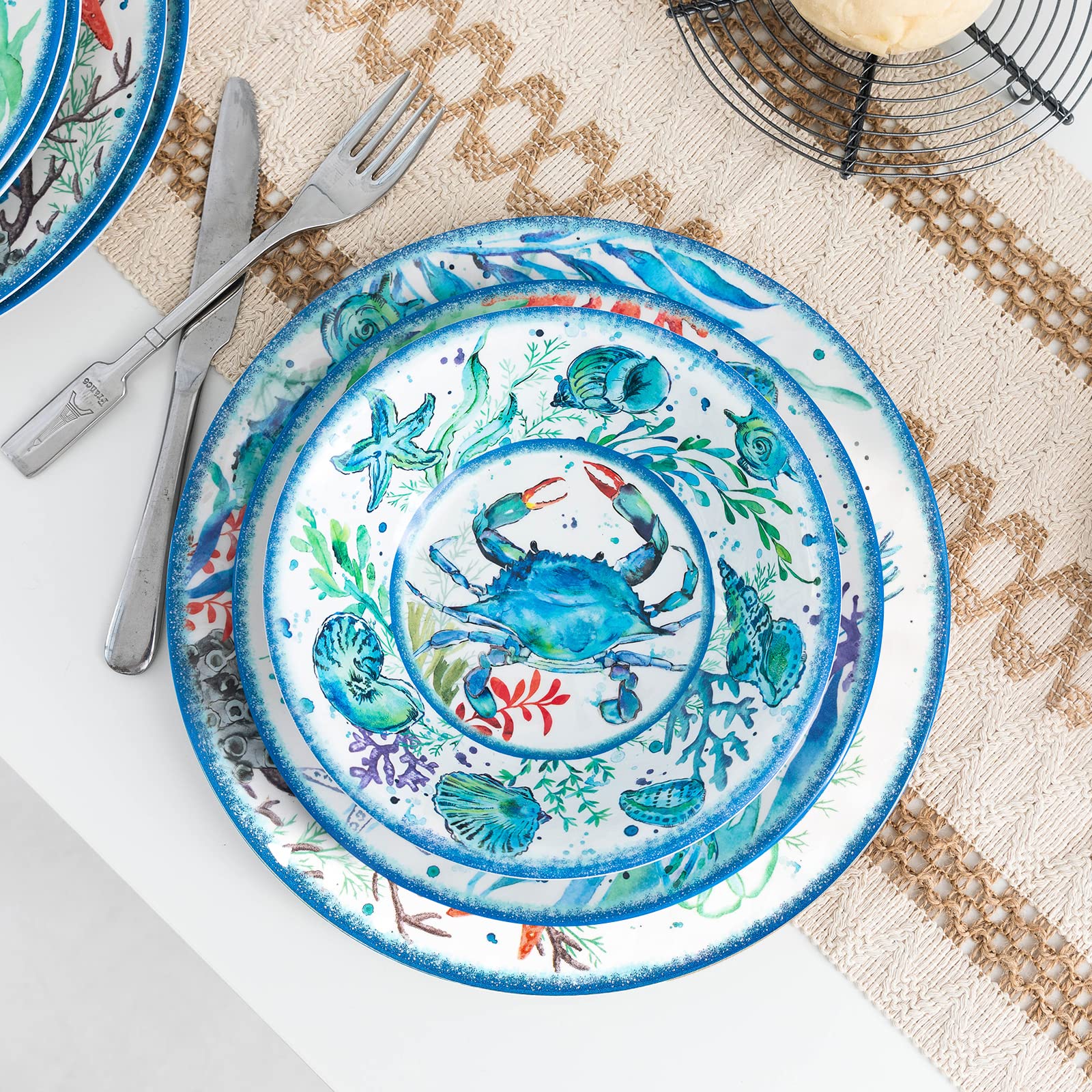 LEHAHA 12-Piece Melamine Beach Dinnerware Set, Coastal Plates and Bowls Sets, Oceanic Sea Life Dish Sets for 4, Great for Indoor Outdoor Dining on the Beach, RV, Camping or Cabin
