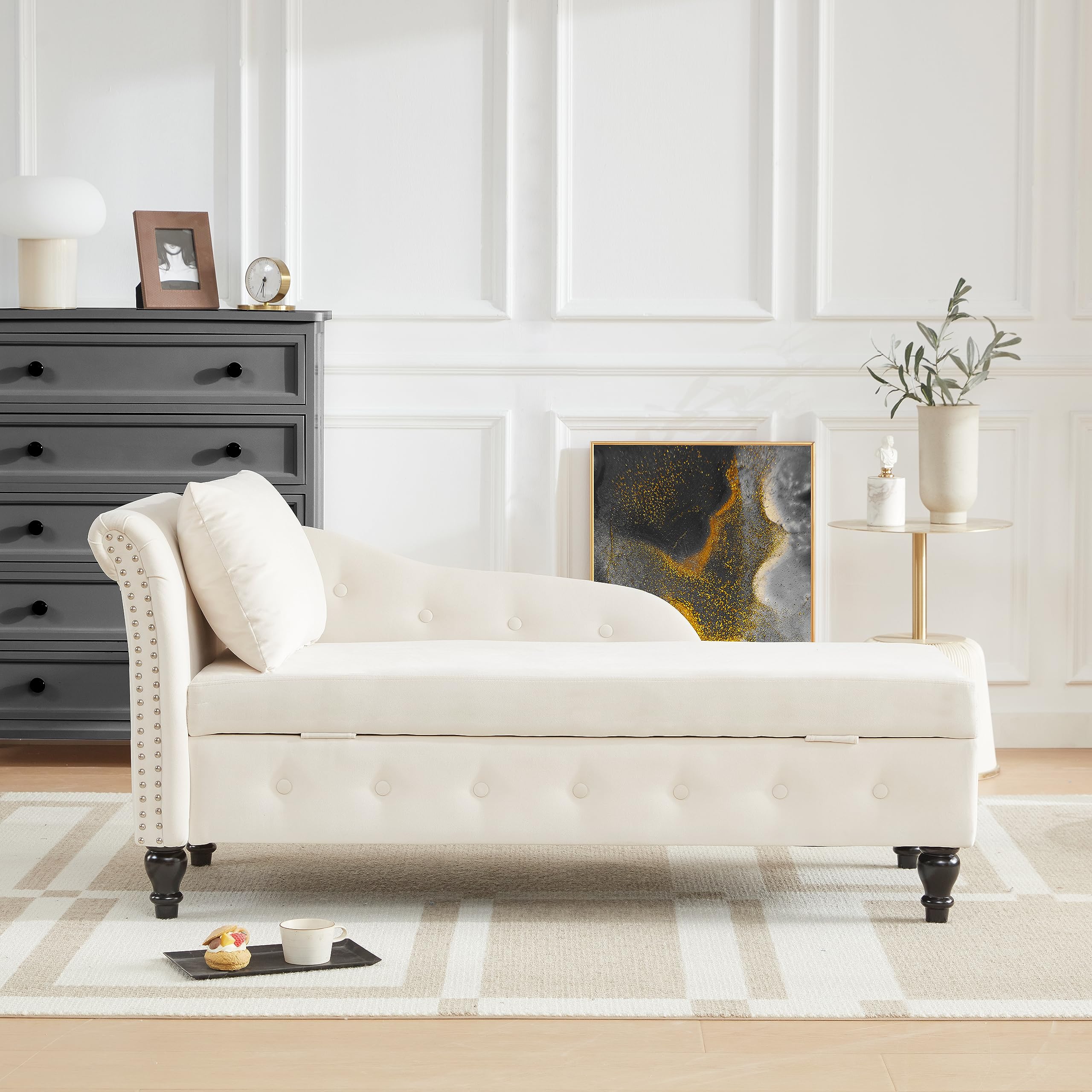 Iroomy Button-Tufted Chaise Lounge Indoor with Solid Wood Legs & Support Pillow, Upholstered Chaise Lounge Chair for Bedroom Living Room Office, Armless Rolled Backrest Leisure Sofa Recliner-Dark Grey