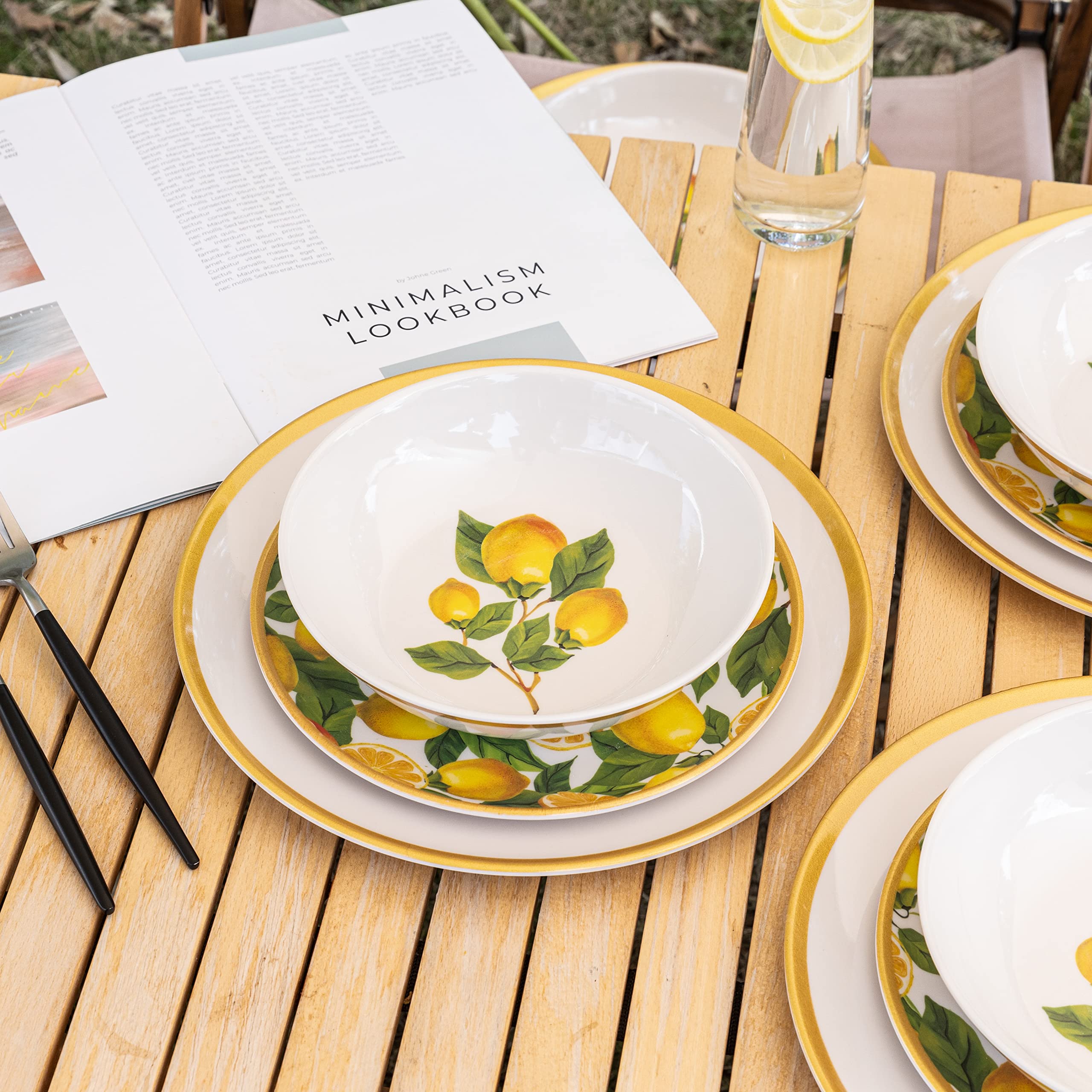 Melamine Dinnerware Sets- 12pcs Melamine Plates and Bowls Set for 4,Indoor and Outdoor Dinnerware, Lemon dinnerware set