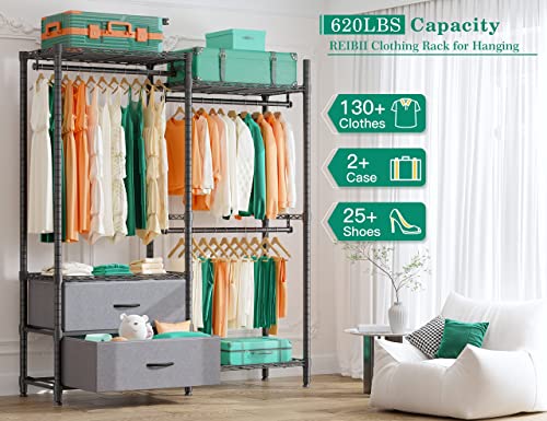 REIBII Clothes Rack,Clothes Racks for Hanging Clothes Rack Heavy Duty Clothing Rack Load 620LBS Clothing Racks for Hanging Clothes Adjustable Portable Garment Rack Free Standing Wardrobe Closet