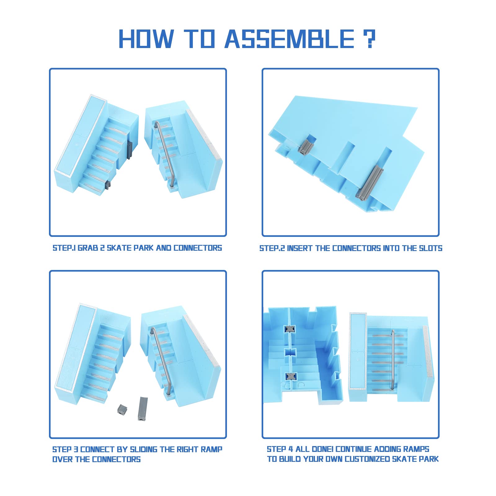 PLSOPPKG 8Pcs Skate Park Kit Ramp Parts for Finger Skateboard Park Kit Part Training Props with Finger Skateboards Finger Bikes Skates Scooters and More(Blue)
