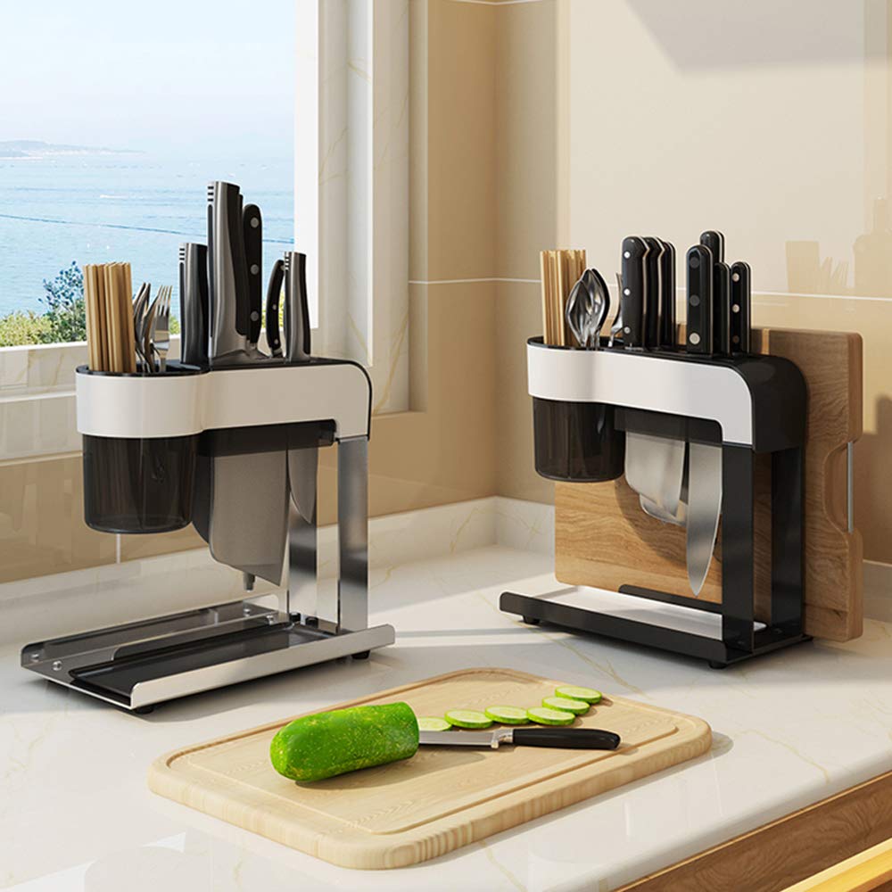 Multifunctional Knife Block Knife Holder Storage Rack with Drainboard, Cutting Board Drying Rack Cooking Utensil Holder ChopsticksâCaddy for Kitchen Accessories Countertop Organization, Black