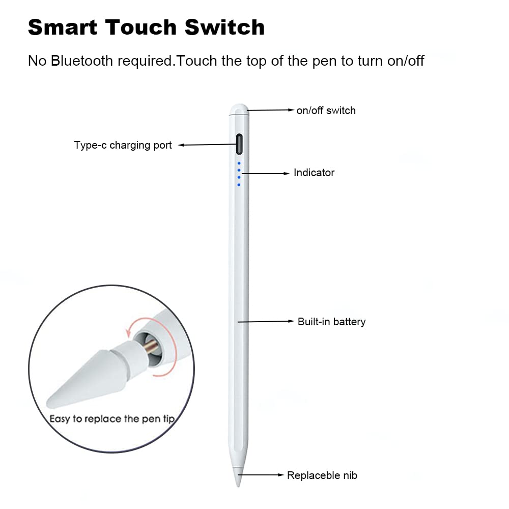 Stylus Pen, White Universal Magnet Active Pencil with Type-c Fast Charging Touch Screens for Capacitive Smartphones, Android/iPad Tablets