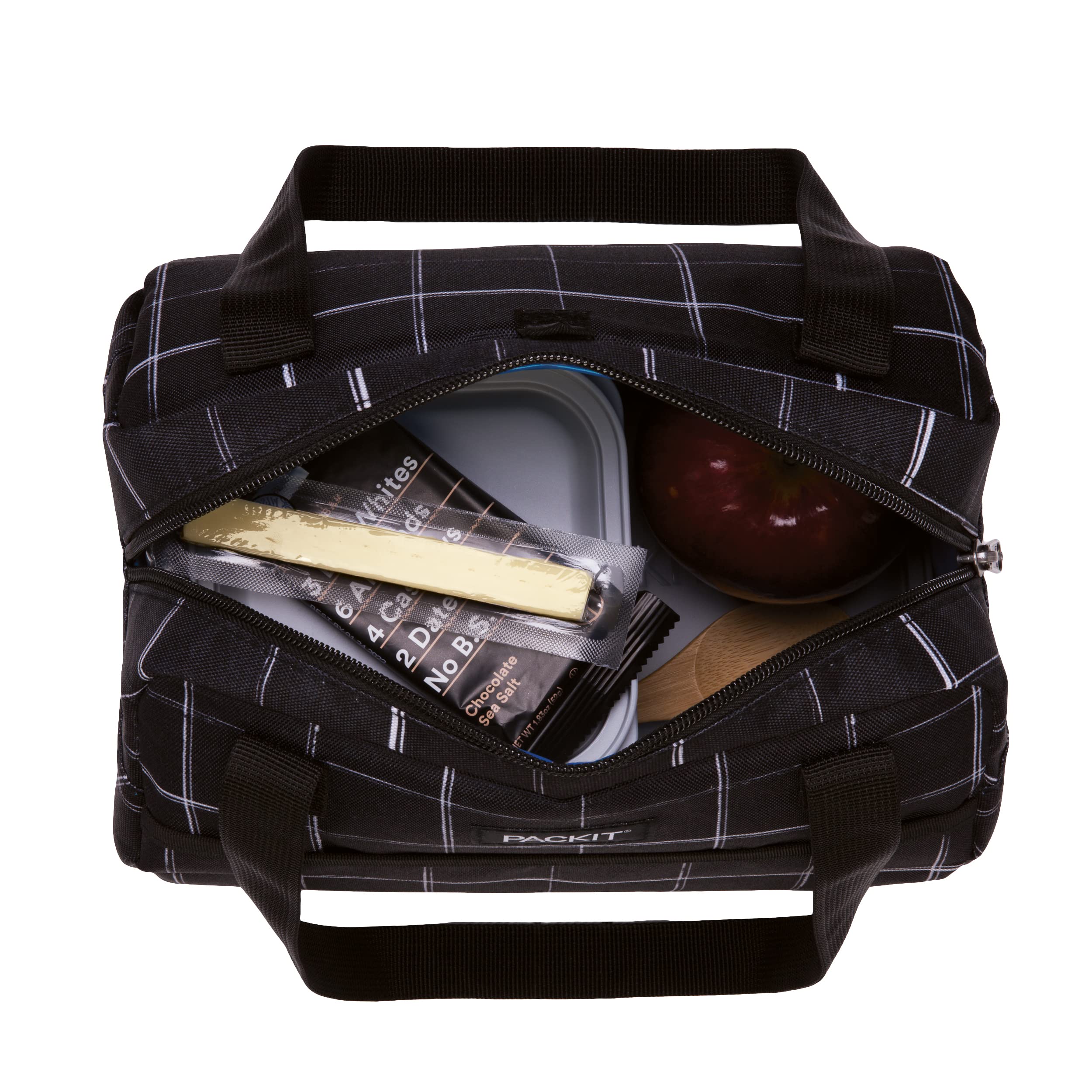 PackIt Freezable Hampton Lunch Bag, Black Grid, Built with EcoFreeze Technology, Collapsible, Reusable, Zip Closure with Front Pocket and Shoulder Straps, Perfect for Tweens and Adults