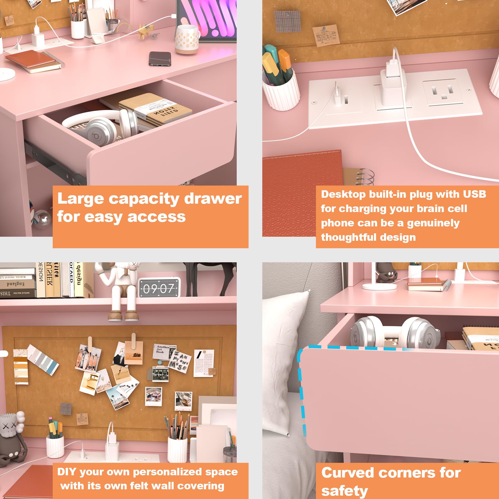 SFDOU Pink Kids Desk and Chair Set for 5-12 Year Old, Childrens Computer Desk with Drawers and Storage Shelf, Kids Study Table with Charging Station