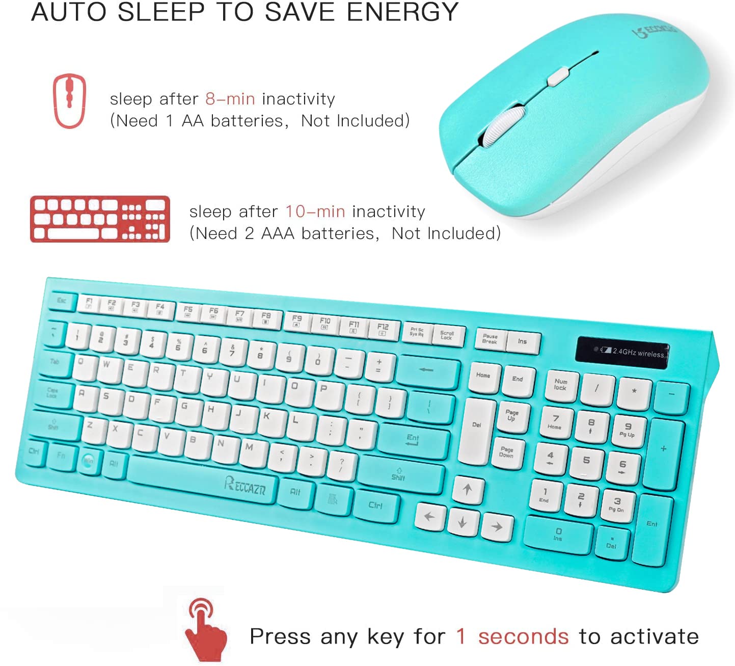 RECCAZR Wireless Keyboard and Mouse Combo, Full-Sized Wireless Keyboard and Adjustable DPI Mouse, 2.4GHz USB Receiver, Wireless Keyboard and Mouse for PC, Windows, Desktop, Laptop (Blue)