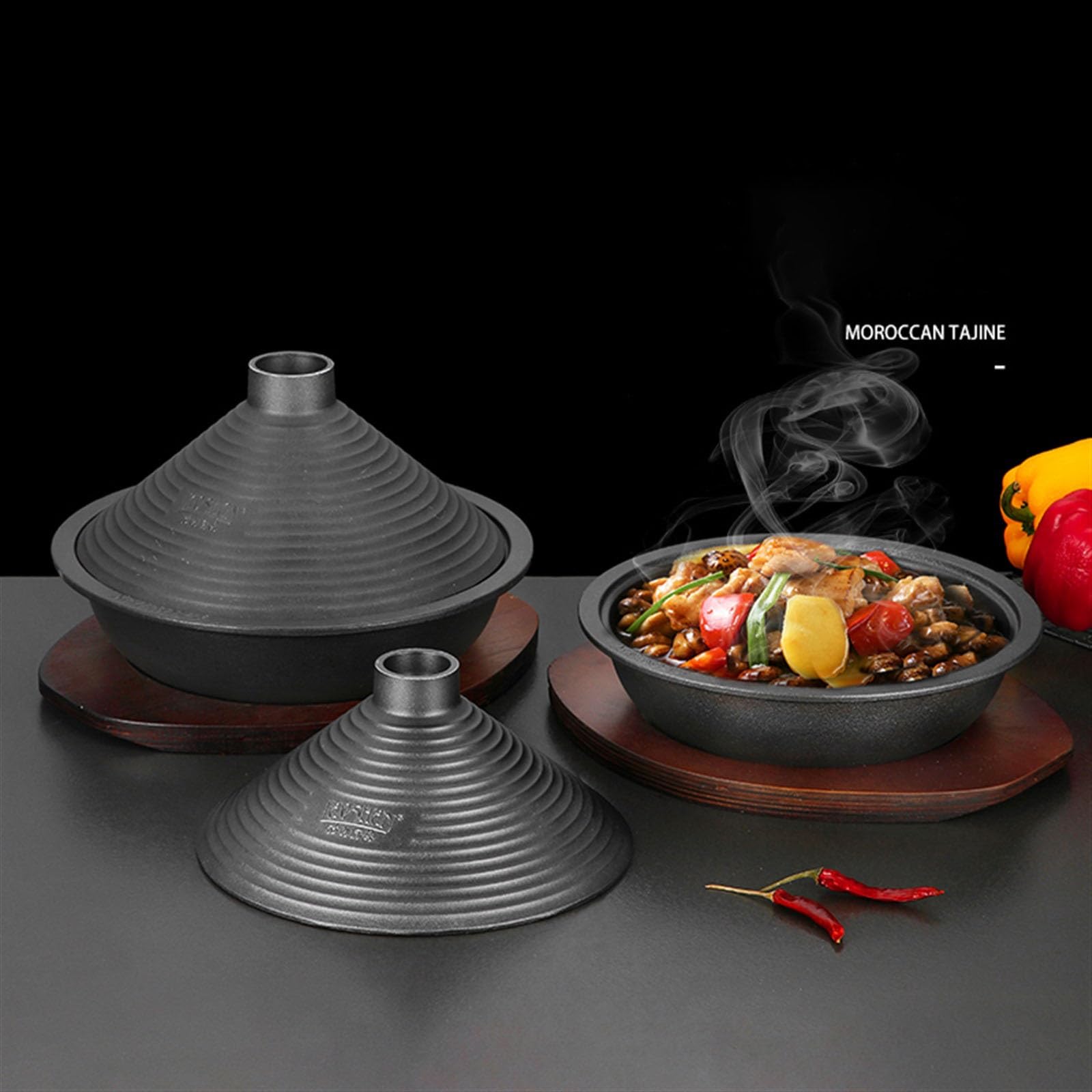 SXYAO Cast Iron Tajine Pot Moroccan with Tray, Non-Stick Seafood Pot with Tapered Lid Compatible with Induction Cooker Gas Kitchen Essentials(Size:26), Black