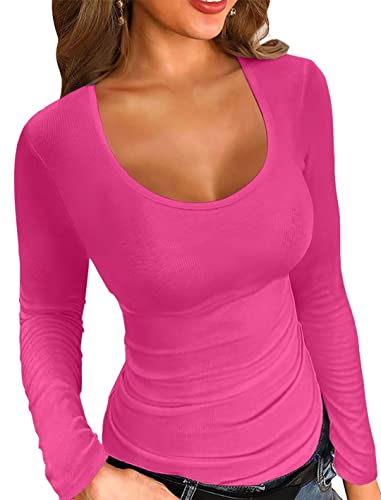 VICHYIE Fall Women's Square Neck Long Sleeve Shirts Scoop Ribbed Henley Tee Slim Fitted Casual Basic Tshirts Top Blouses Hot Pink L