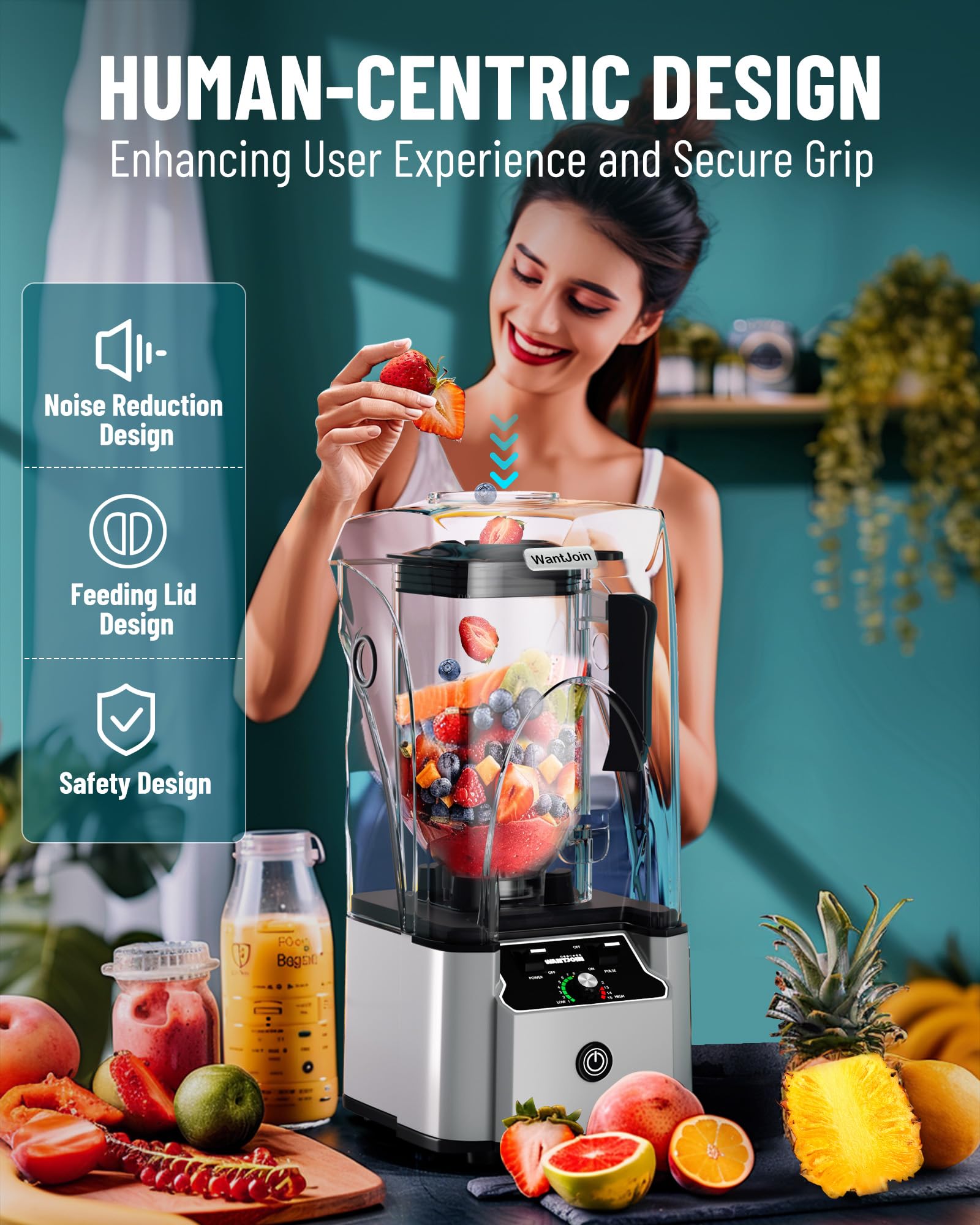 WantJoin Professional Commercial Blender With Shield Quiet Sound Enclosure 2200W Industries Strong and Quiet Professional-Grade Power, Self-Cleaning,Grey