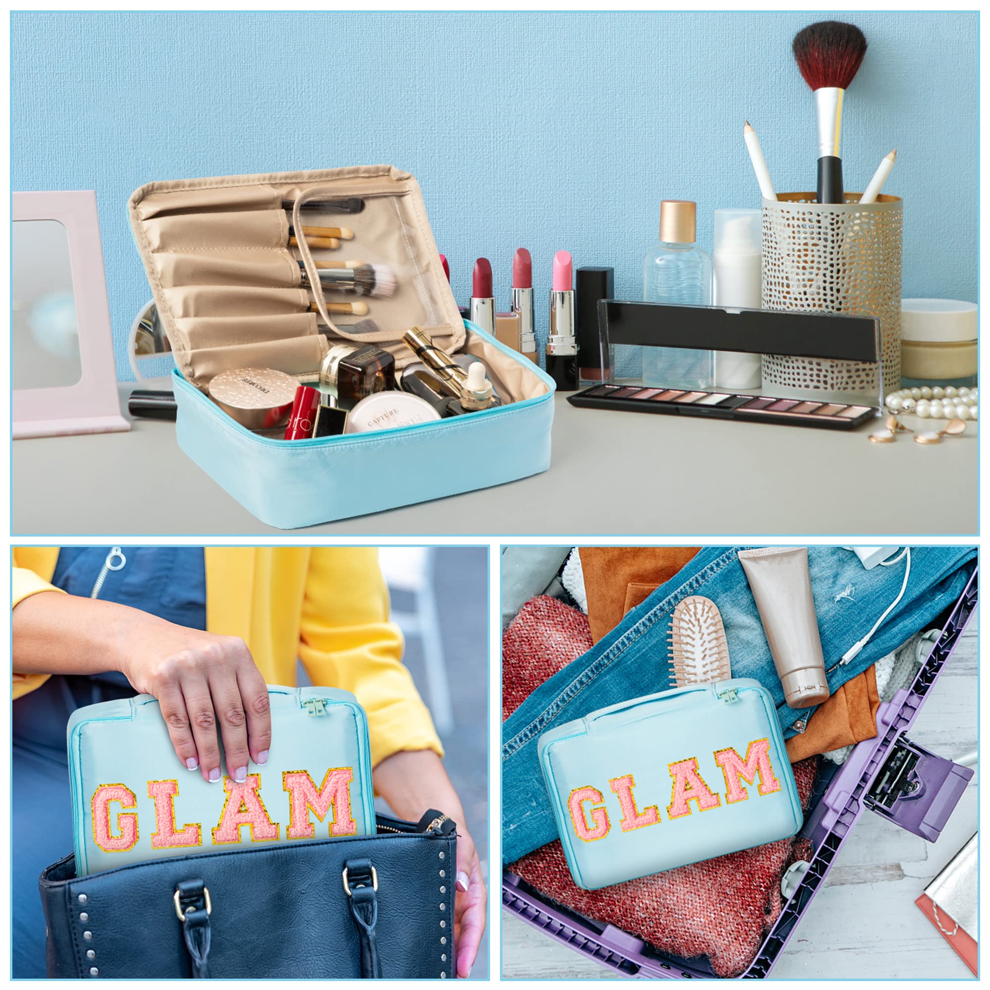 Preppy Patch GLAM Makeup Bag Cosmetic Bag Travel Toiletry Bag Large Brush Bags Case Multifunction Organizer Make Up Bag Reusable Toiletry Bag(Blue)