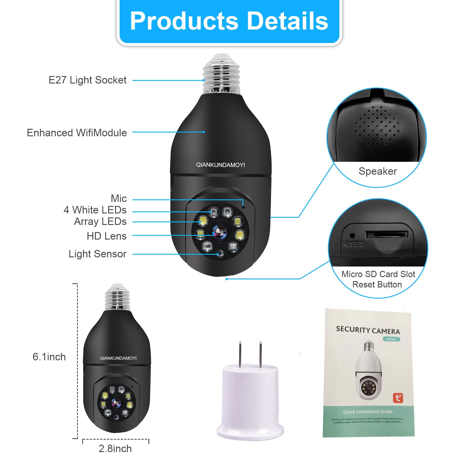 QIANKUNDAMOYI Light Bulb Security Camera 5G Light Socket 1080P 360 Night Vision Motion Detection Surveillance Cameras for Front Door Outdoor